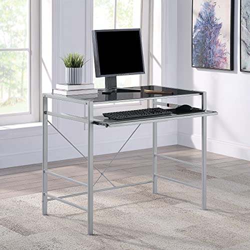 OSP Home Furnishings Zephyr Computer Desk with Keyboard Shelf and Tempered Glass Top, Black Glass and Silver Frame