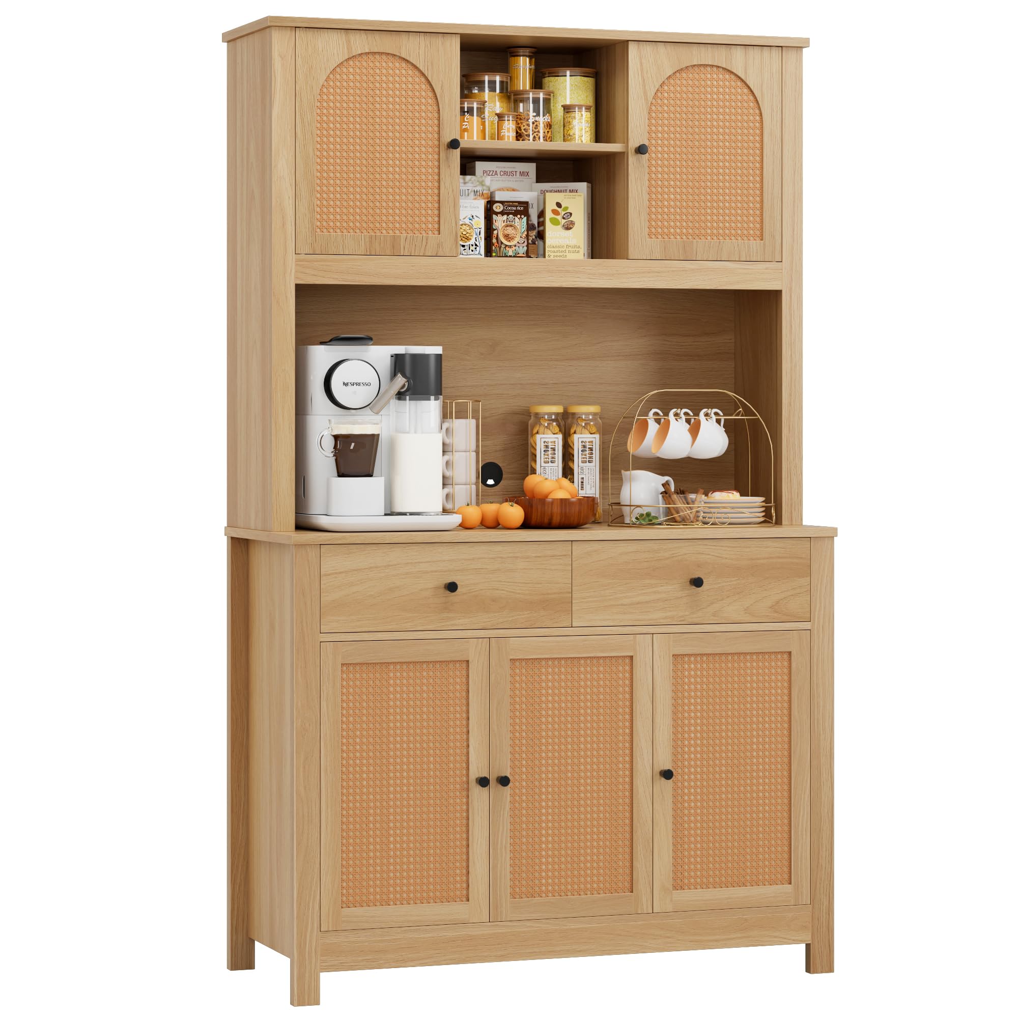 FINETONES 71" Kitchen Pantry Cabinet, Pantry Cabinet with Microwave Stand & Charging Hole, Freestanding Kitchen Hutch with Drawers and Adjustable Shelves, Kitchen Rattan Cabinet for Kitchen, Walnut