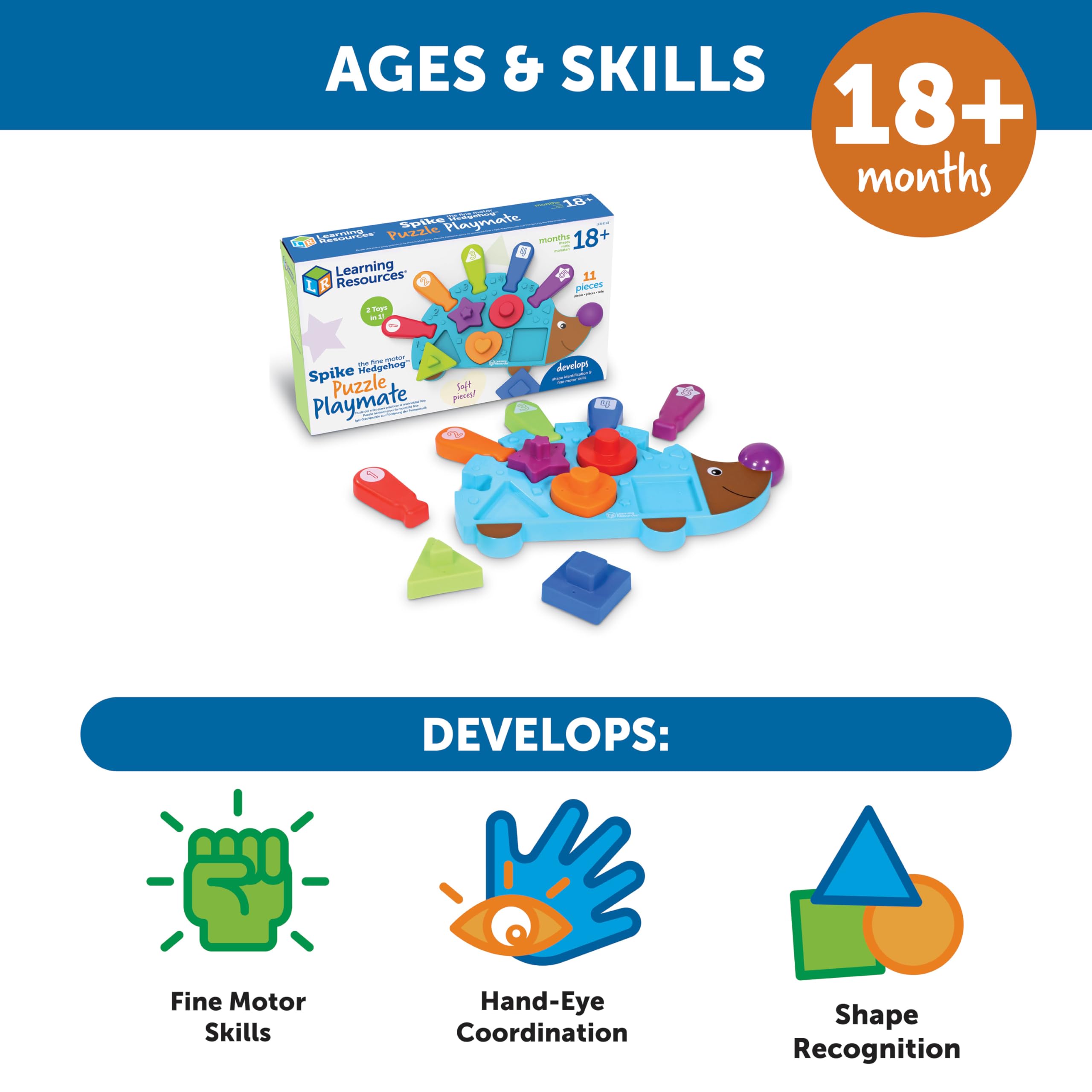 Learning Resources Spike the Fine Motor Hedgehog Puzzle Playmate - 11 Pieces,Ages 18+ months Fine Motor Game, Color and Shape Recognition Toddler Montessori Toys