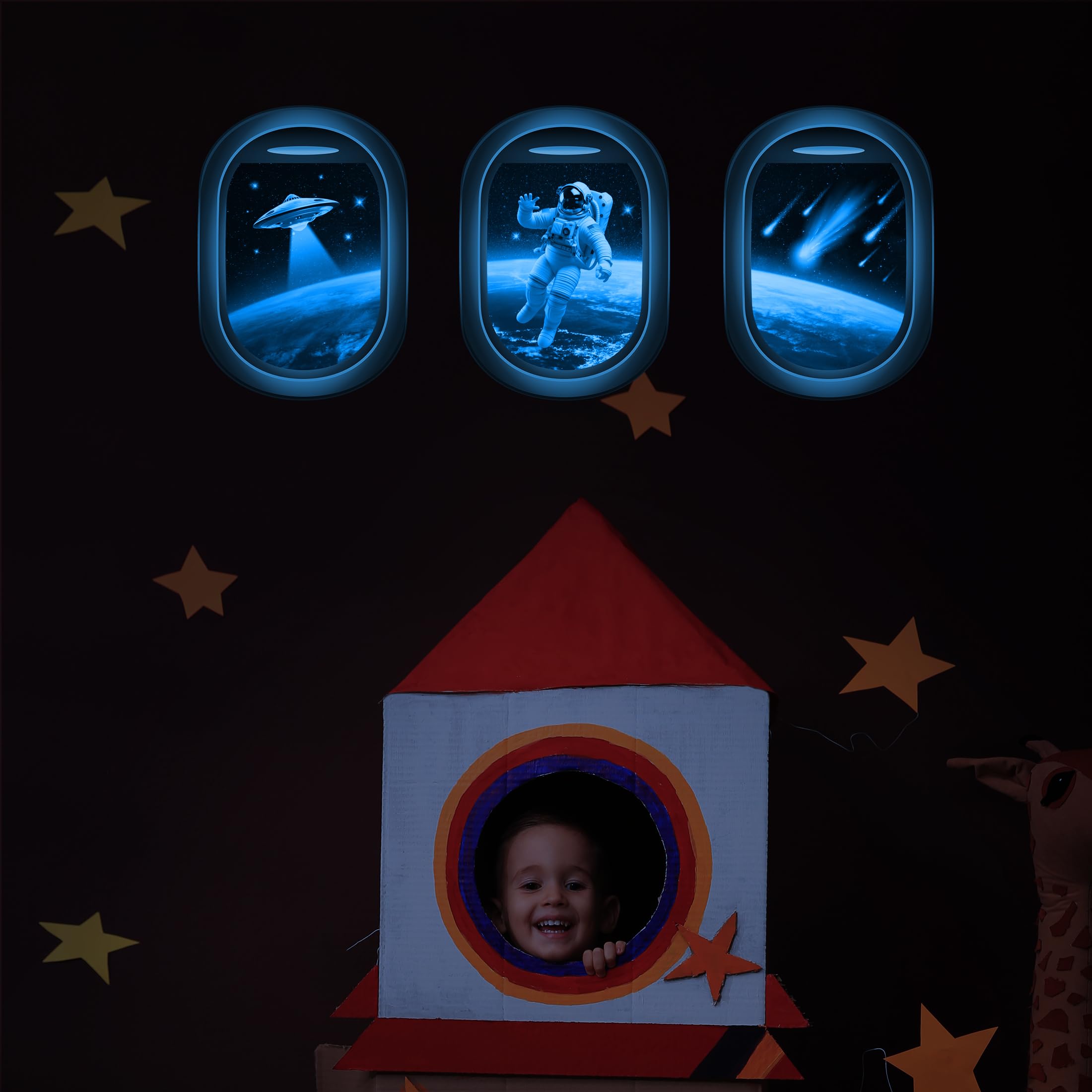 Glow in The Dark 3D Space Wall Decals, Set of 3 Galaxy Window Stickers for Wall, Space Themed Room Decor for Kids Boys (Blue)