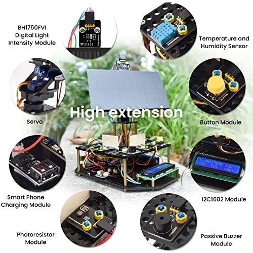 KEYESTUDIO DIY Solar Tracking Electronic Kit for Arduino,Smart Phone Charging Module,Temperature and Humidity Sensor,BH1750 Light Sensor etc.Educational Programming Kit for Teens Adults 15+