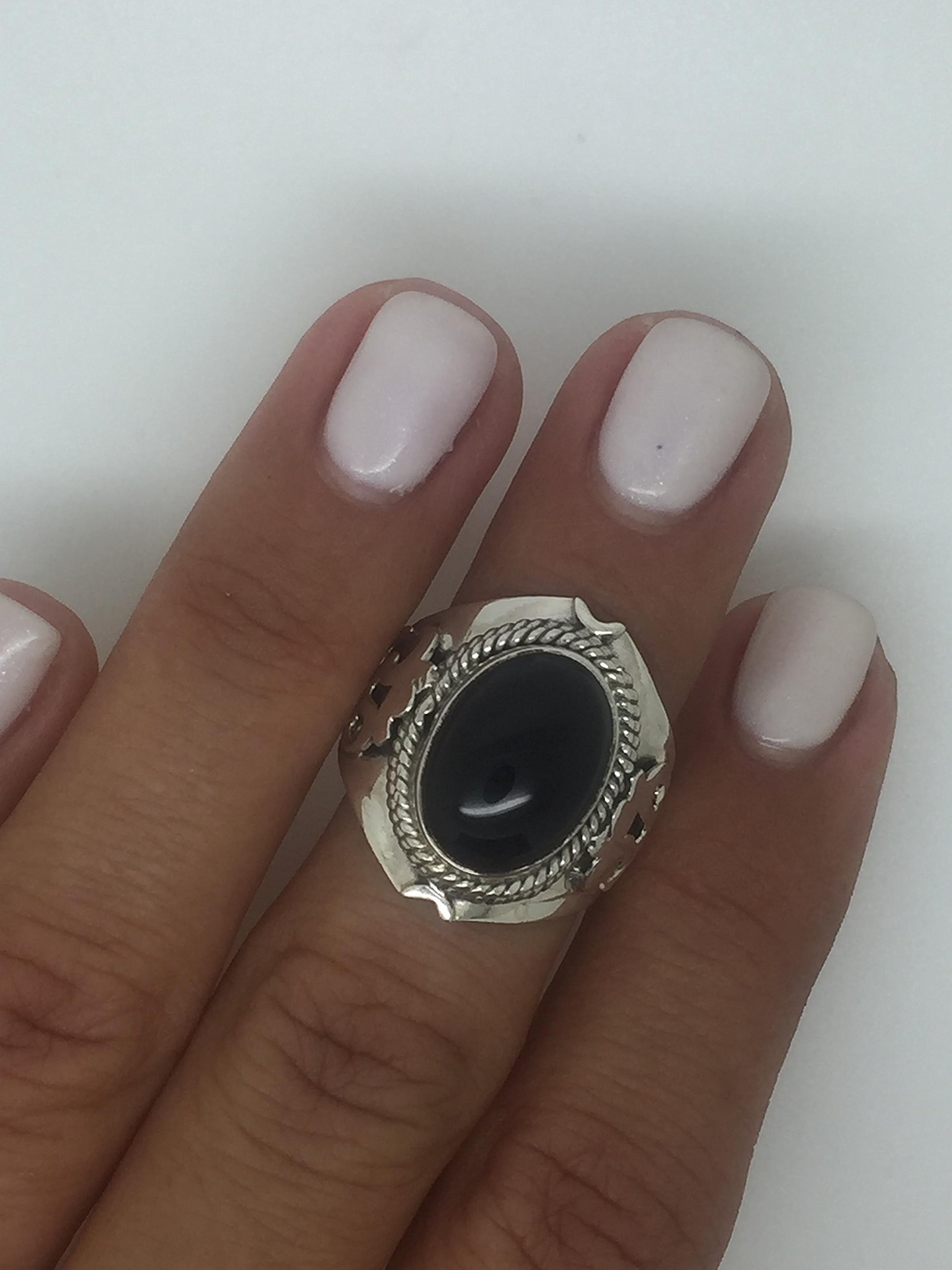 Black Onyx Oval Stone Vintage Gipsy Om Ring 925 Sterling Silver US Size 7 8 9 10 (7)
