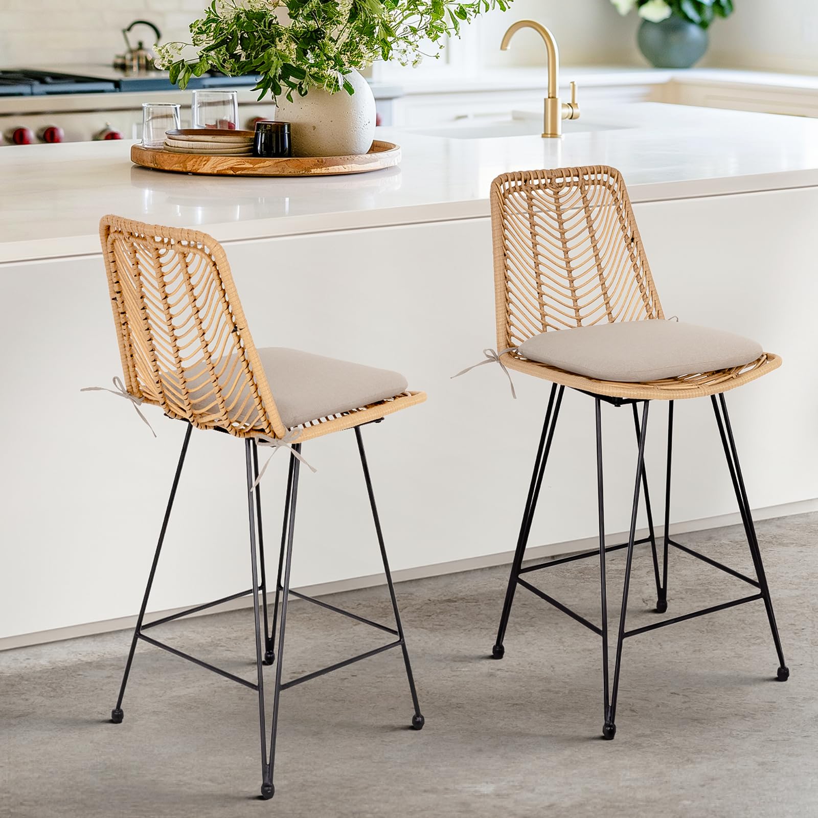 IDZO Rattan Counter Height Bar Stools Upgraded, 36.5" Tall, 400lbs Weight Endurance, Steel Frame, Plush Cushions, Ideal as a Bar Stools Set of 2