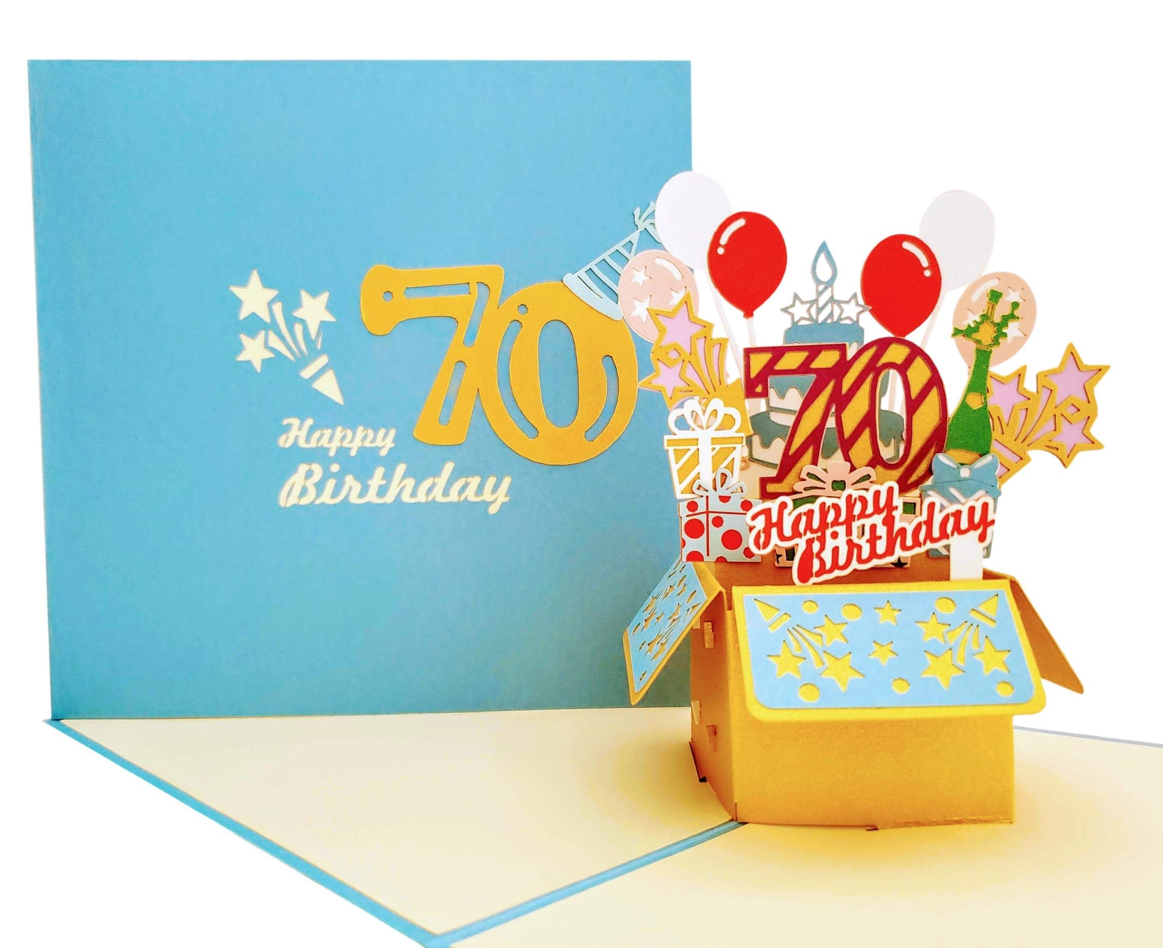 iGifts And Cards Happy 70th Blue Birthday Party Box 3D Pop Up Greeting Card – Seventy, Awesome, Balloons, Unique, Celebration, Feliz Cumpleaños, Fun, Festive