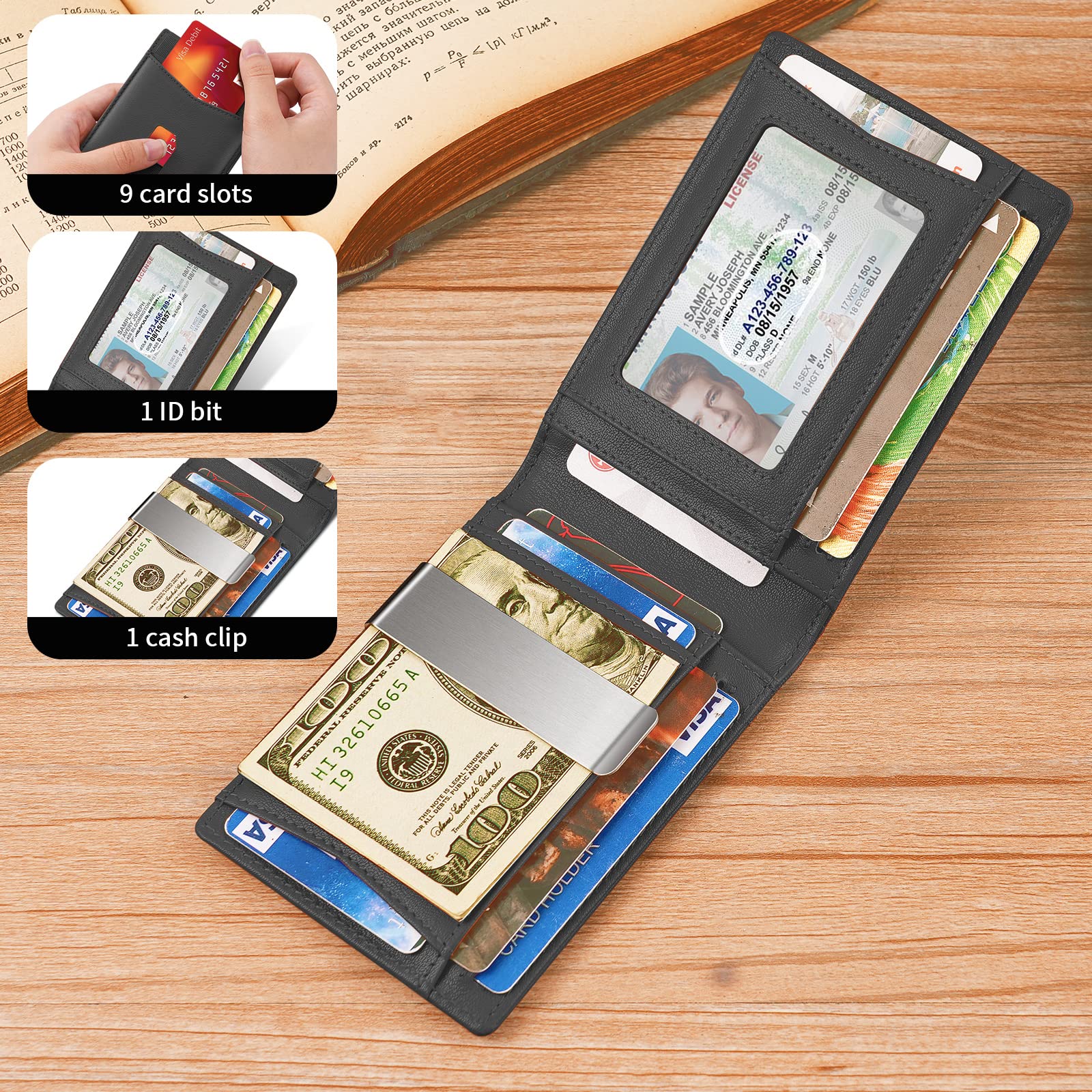 Damaikuan Slim Wallet for Men - Minimalist Front Pocket Credit Card Holder RFID Blocking Mens Wallets Gifts for Men with Gift Box and ID Window (Black)