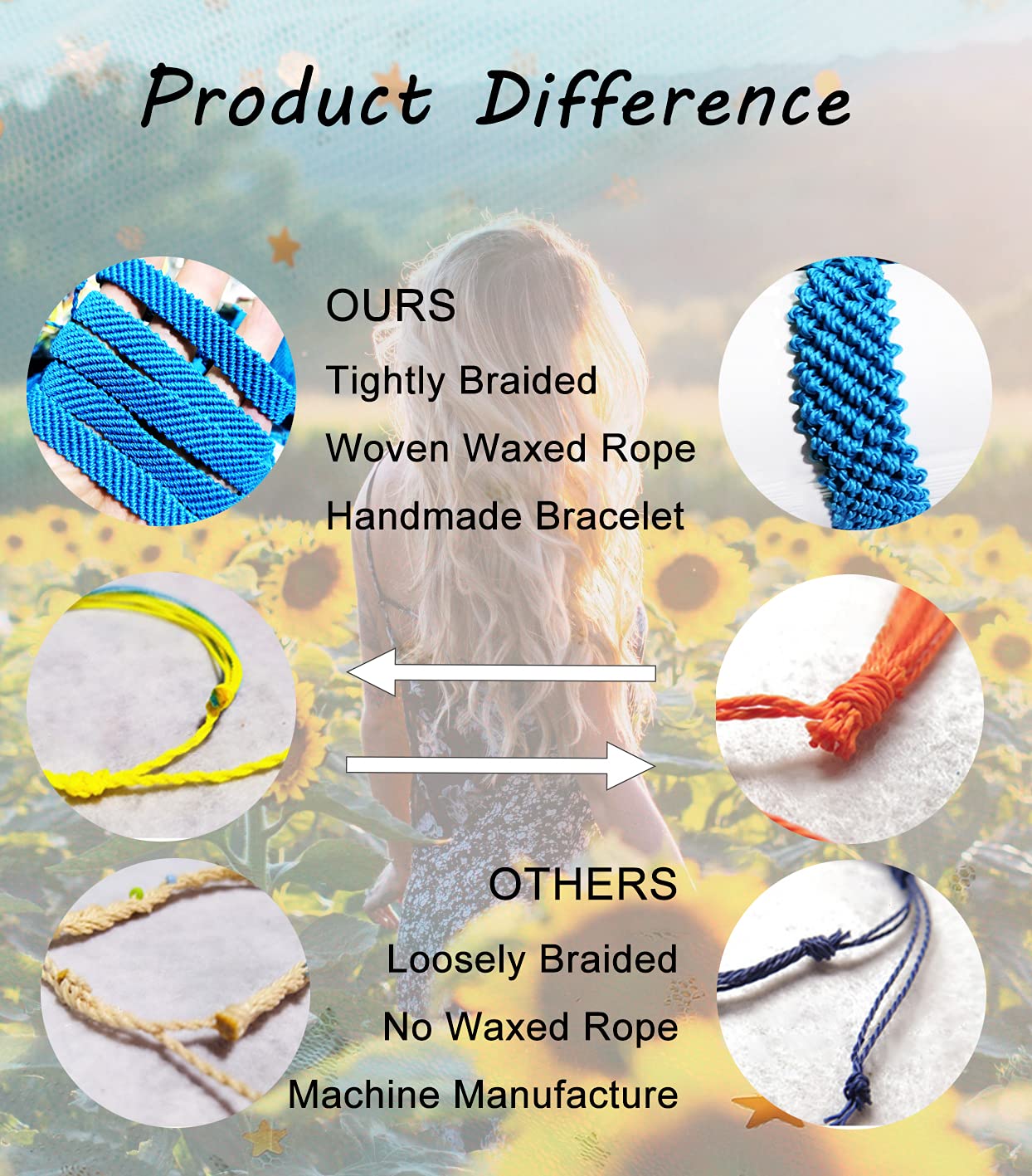 Braided Sunflower Boho String Woven Strand Bracelets Set for Women Adjustable Wrap Rope Charm Wave Jewelry Friendship Waterproof Gift Sunflower