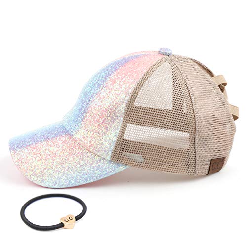 C.C Exclusives Washed Distressed Cotton Denim Criss-Cross Ponytail Hat Baseball Cap Bundle Hair Tie (BT-780)(BT-791) (A Elastic Band-Crystal Ombre Unicon)
