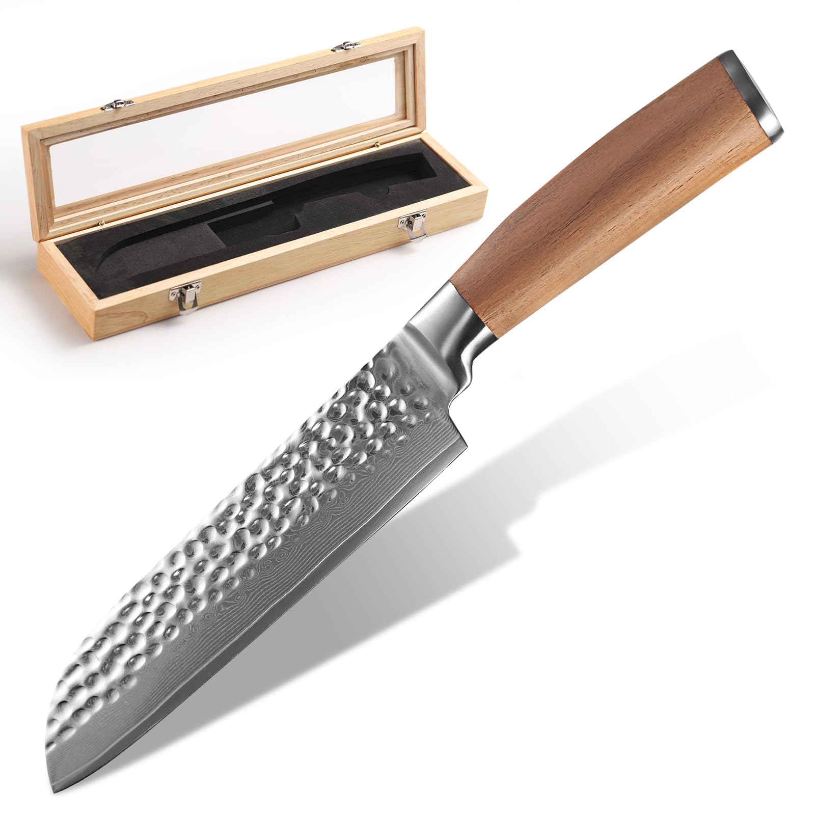 Damascus Santoku Knife 7 InchďźProfessional Kitchen Knife with Ergonomic Walnut Wood Handleďź67 Layers Super Steel Damascus Kitchen KnivesďźRubber Wood Gift Box PackingďźChristmas Kitchen Gifts for Men