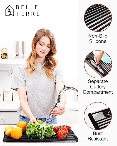 Large Dish Drying Rack for Kitchen Sink - Over Sink Dish Drying Rack to Dry Dishes & Drain Items - Modern & Stylish Dish Rack Set with Extra Side Tray - Space-Saving Roll-Up Counter Drainboard - Black