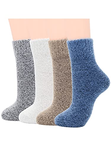 Century Star Womens Athletic Socks Knit Pattern Sports Socks Winter Wool Socks Crew Cut Cashmere Socks Warm Soft Socks 4 Pairs White Solid Color One Size
