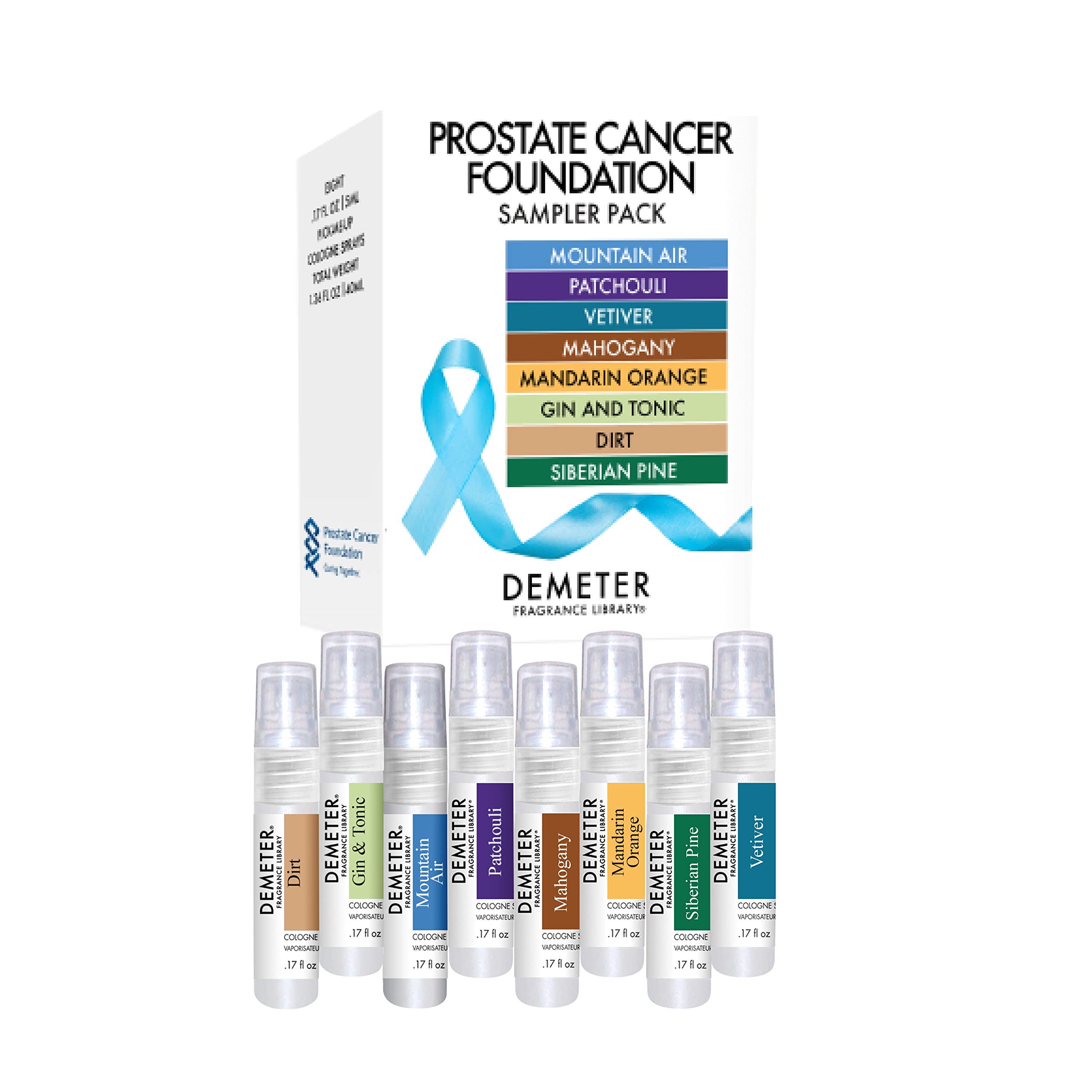 DEMETER Prostate Cancer Foundation Cologne Sampler Set, Fragrances - Mountain Air, Patchouli, Vetiver, Mahogany, Mandarin Orange, Gin and Tonic, Dirt, and Siberian Pine, Perfumes for Women and Men