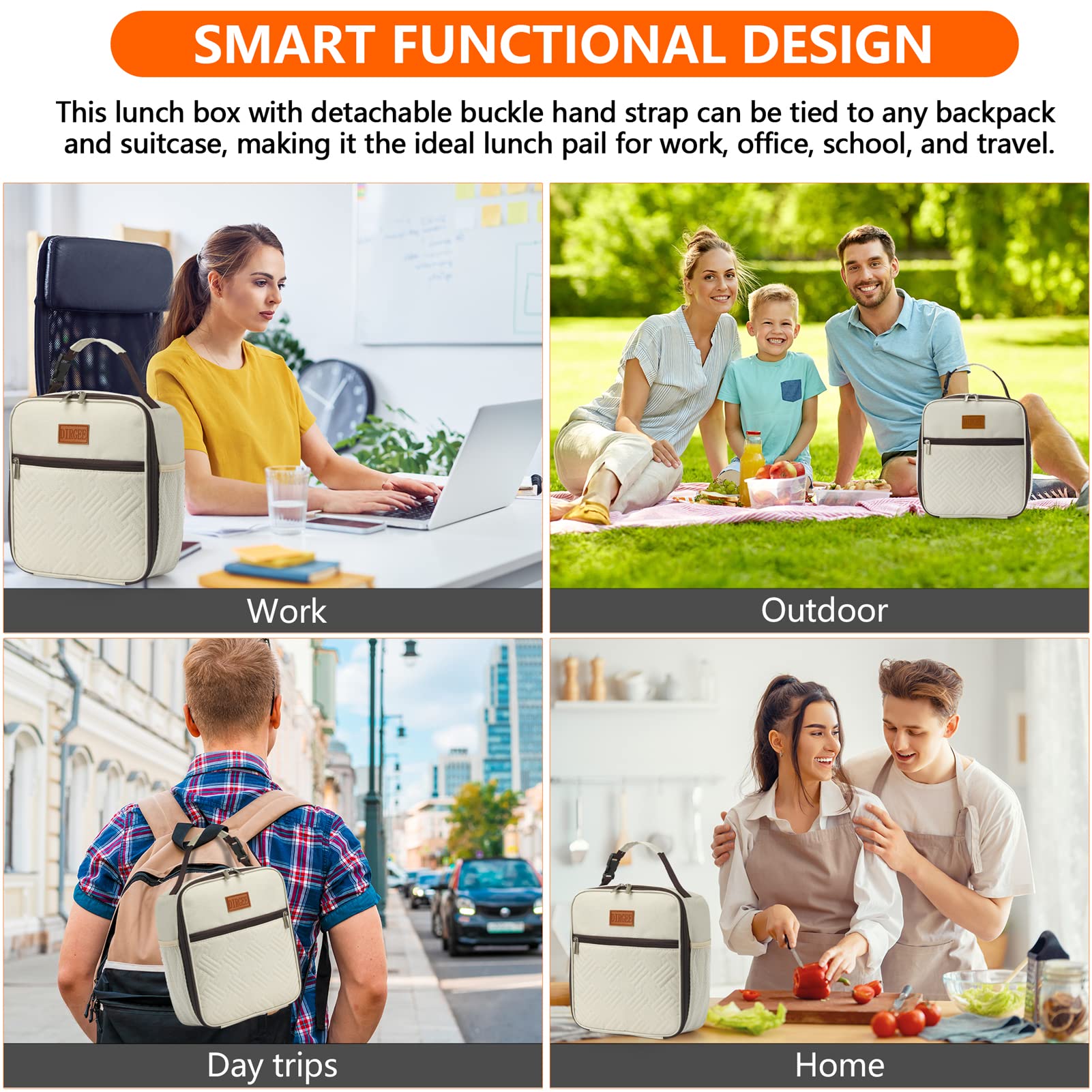 DIRGEE Lunch Bag for Women Insulated Lunch Bag For Men Adults Small Lunch Bag for Office Work - Leakproof Freezable Cooler Bag Reusable Portable Lunch Box (White)