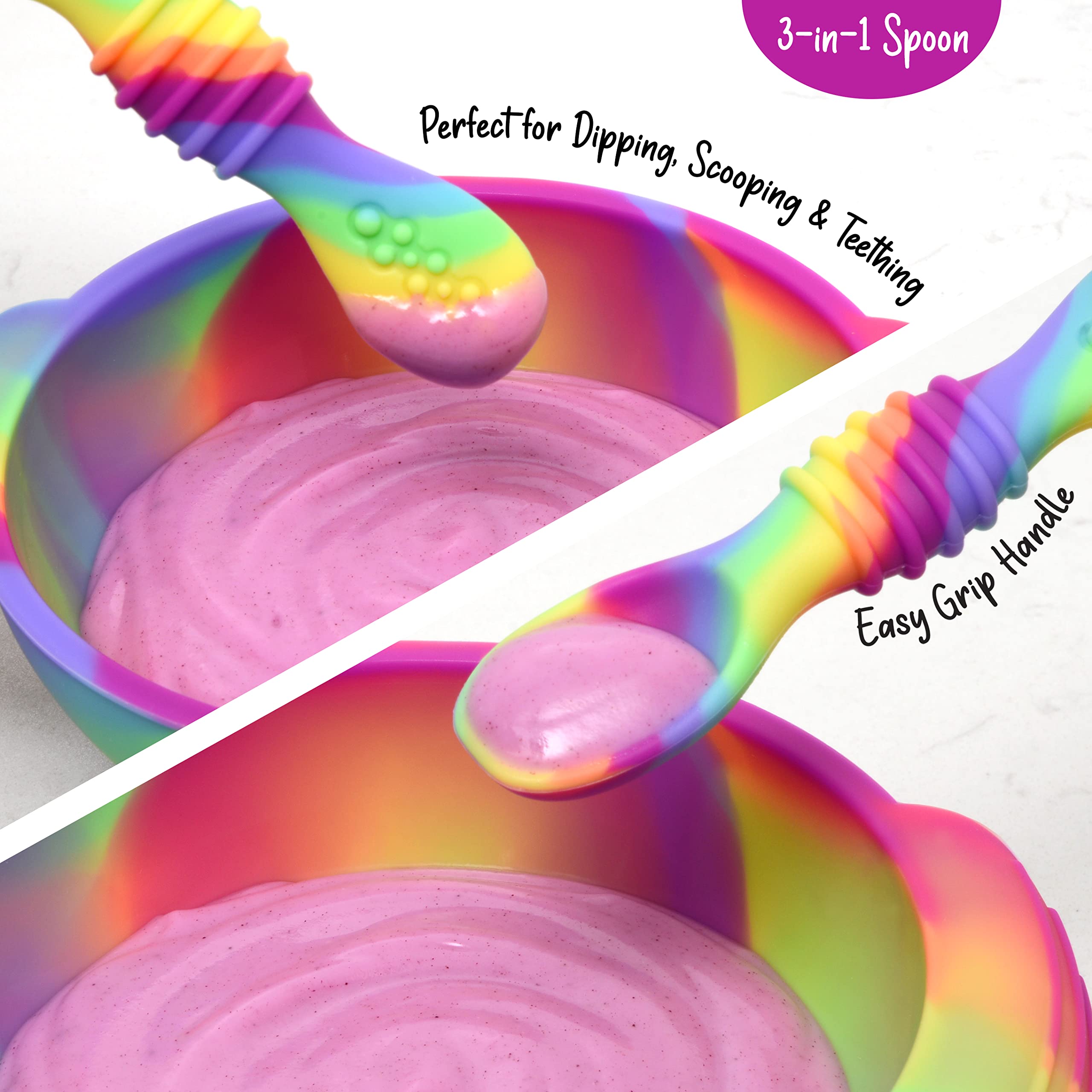 PrimaStella Unbreakable Silicone Non-Slip Plate and Chew Spoon Set for Babies and Toddlers