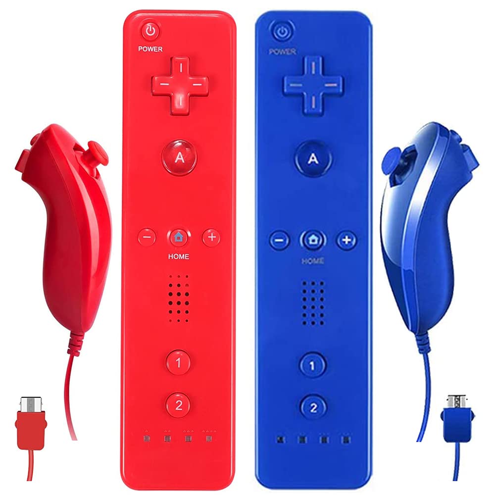 LACTIVX Wii Controller, Wii Remote Controller and Nunchuck 2 Pack Compatible with Silicon Case for Wii Wii U (Red and Deep Blue)
