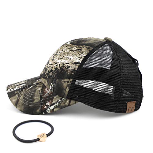 C.C Exclusives Washed Distressed Cotton Denim Criss-Cross Ponytail Hat Baseball Cap Bundle Hair Tie (BT-780)(BT-791) (A Elastic Band-mossyoak)
