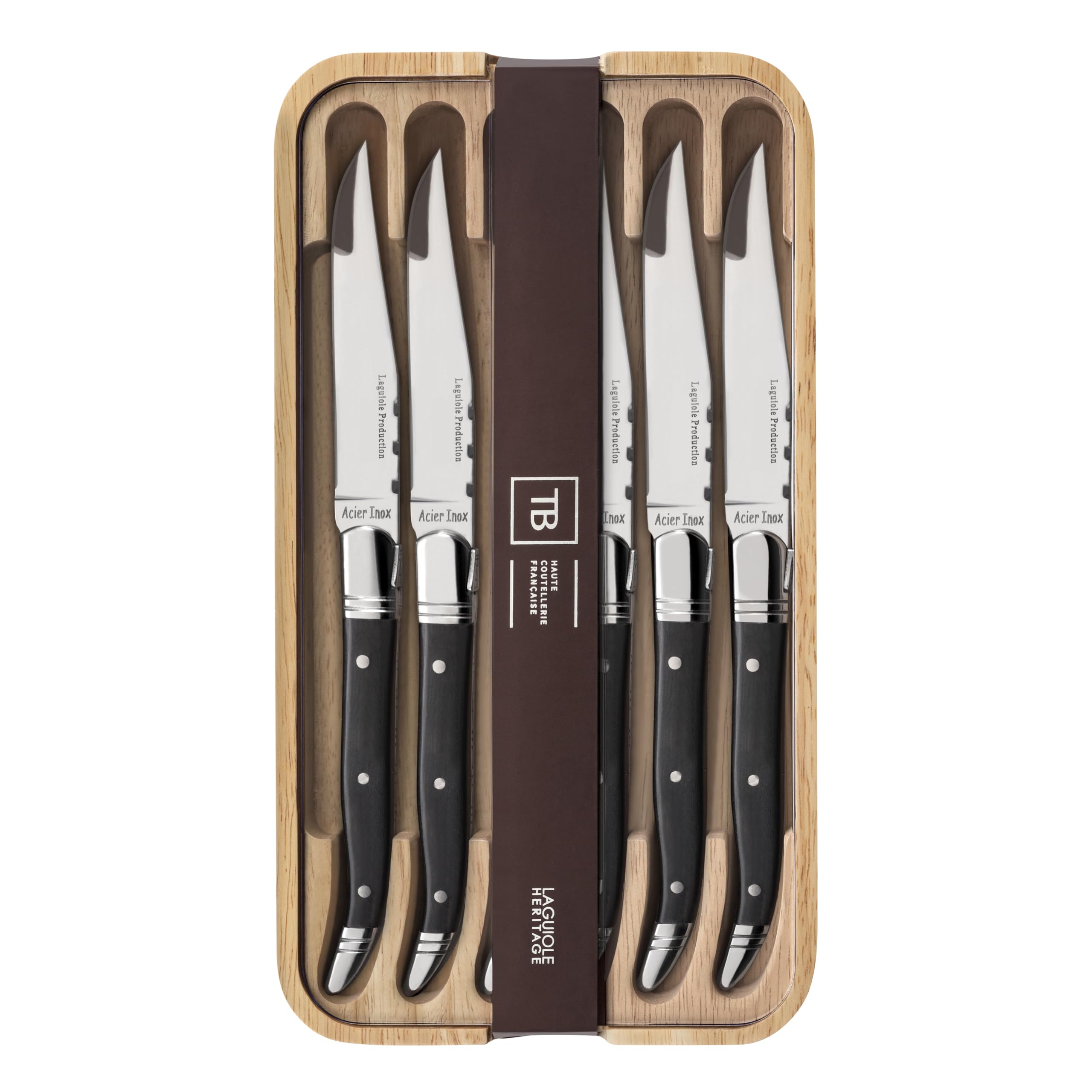 LAGUIOLE HERITAGE Tradition Ultra Sharp Stainless Steel Gourmet Steak Knives Set of 6 | Triple Rivet Knife Cutlery Set, Dark Wood Handle, 4.5 Inch Blade