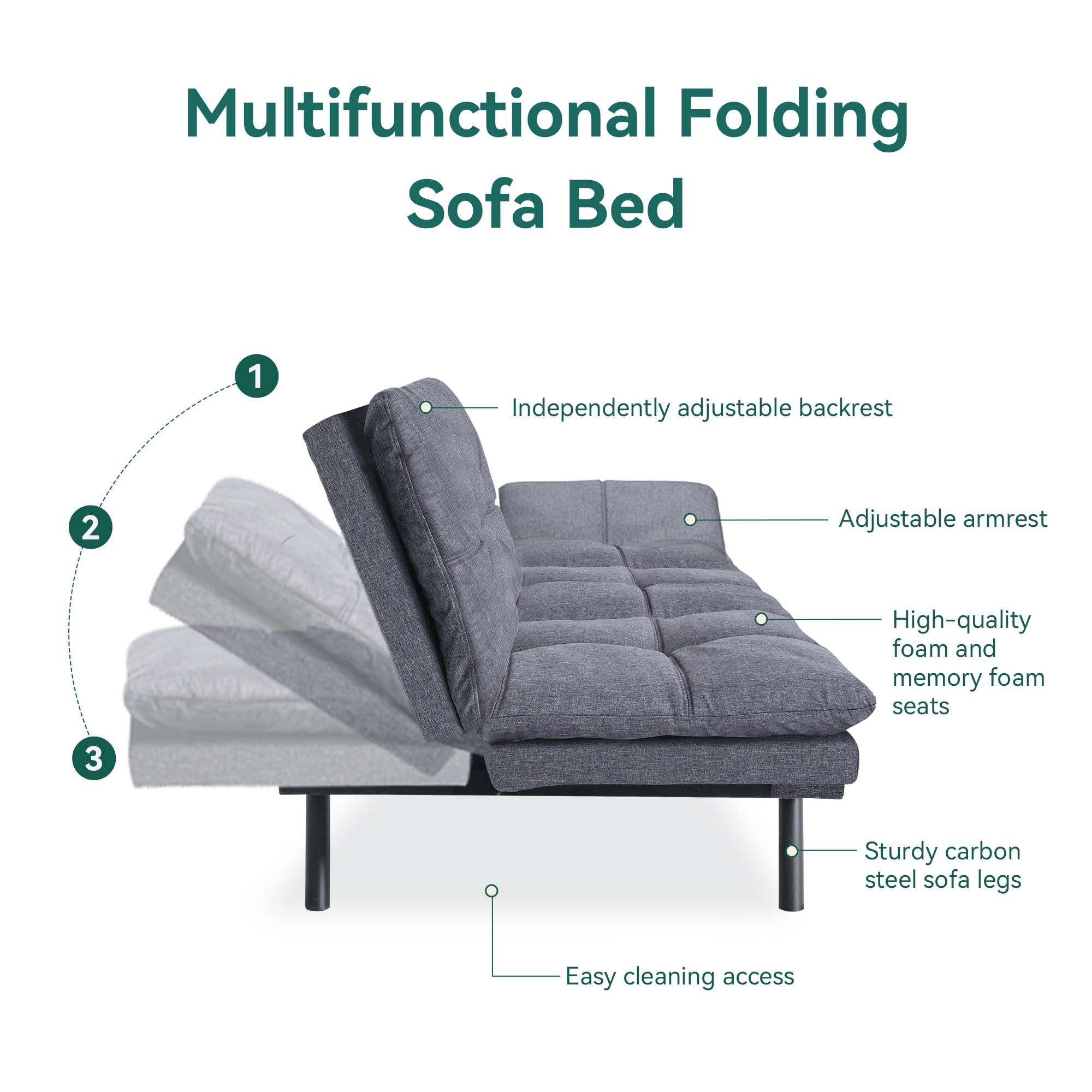 Hcore Convertible Futon Bed,Gray Memory Foam Sofa Loveseat Sofabed, Light Grey