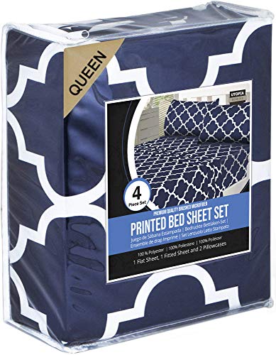 Utopia Bedding Queen Sheet Set, Soft Microfiber 4 Piece Bed Sheets with 16" Deep Pocket - Easy Care Brushed Microfiber (Quatrefoil - Navy)