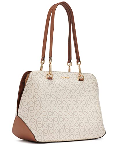 Calvin Klein Lucy Triple Compartment Tote, Vanilla/Khaki/Caramel Embossed