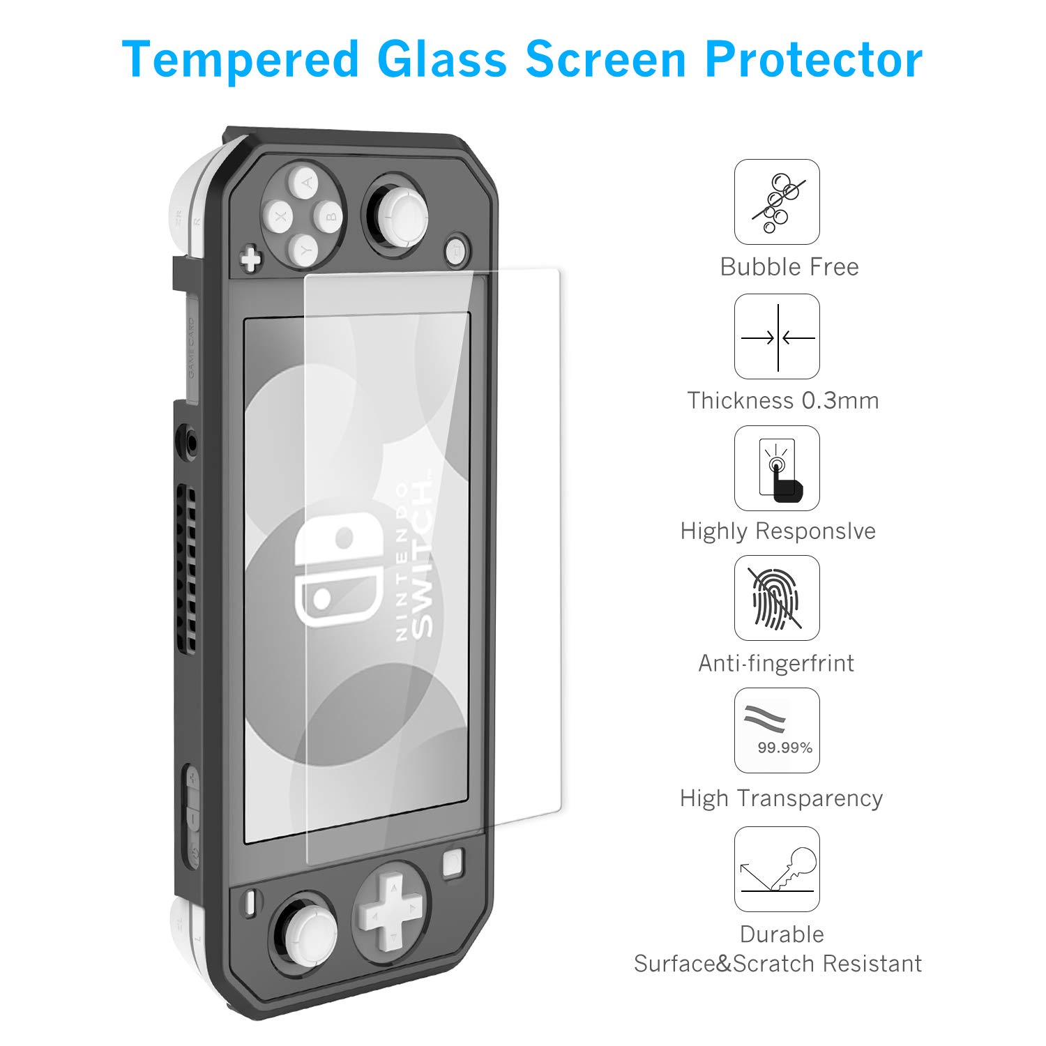 Case for Nintendo Switch Lite, HEYSTOP Soft TPU Protective Case Cover for Nintendo Switch Lite with Switch Lite Tempered Glass Screen Protector and Thumb Stick Caps (Black)