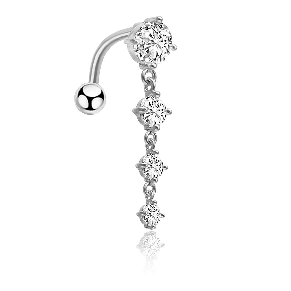 CrazyPiercing 14G Reverse Belly Ring, Cubic Zirconia Long Dangle Navel Ring, Waterdrop Dangling Body Piercing Belly Button Ring for Women Girls (Silver)