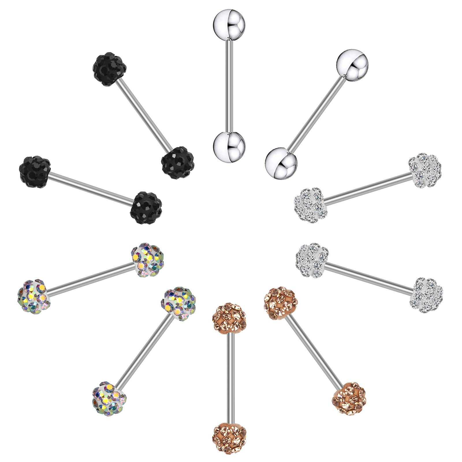 CrazyPiercing 10Pcs CZ Tongue Rings 16G Tongue Piercing with Straight Stainless Steel Barbell Bar Piercing Jewelry 14mm Length