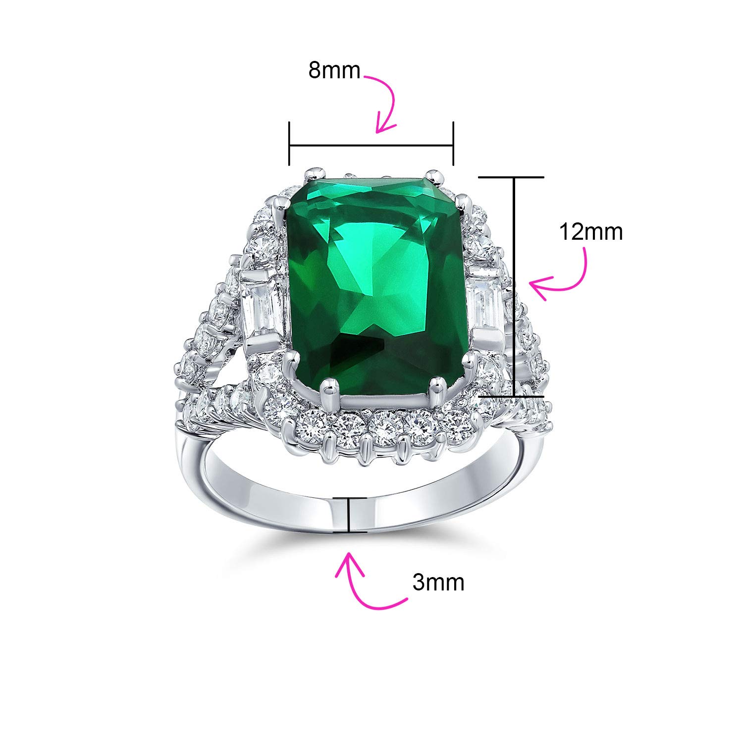 Bling Jewelry 7CT Cubic Zirconia CZ Pave Rectangle Green Simulated Emerald Cut Statement Fashion Ring For Women Silver Plated Brass