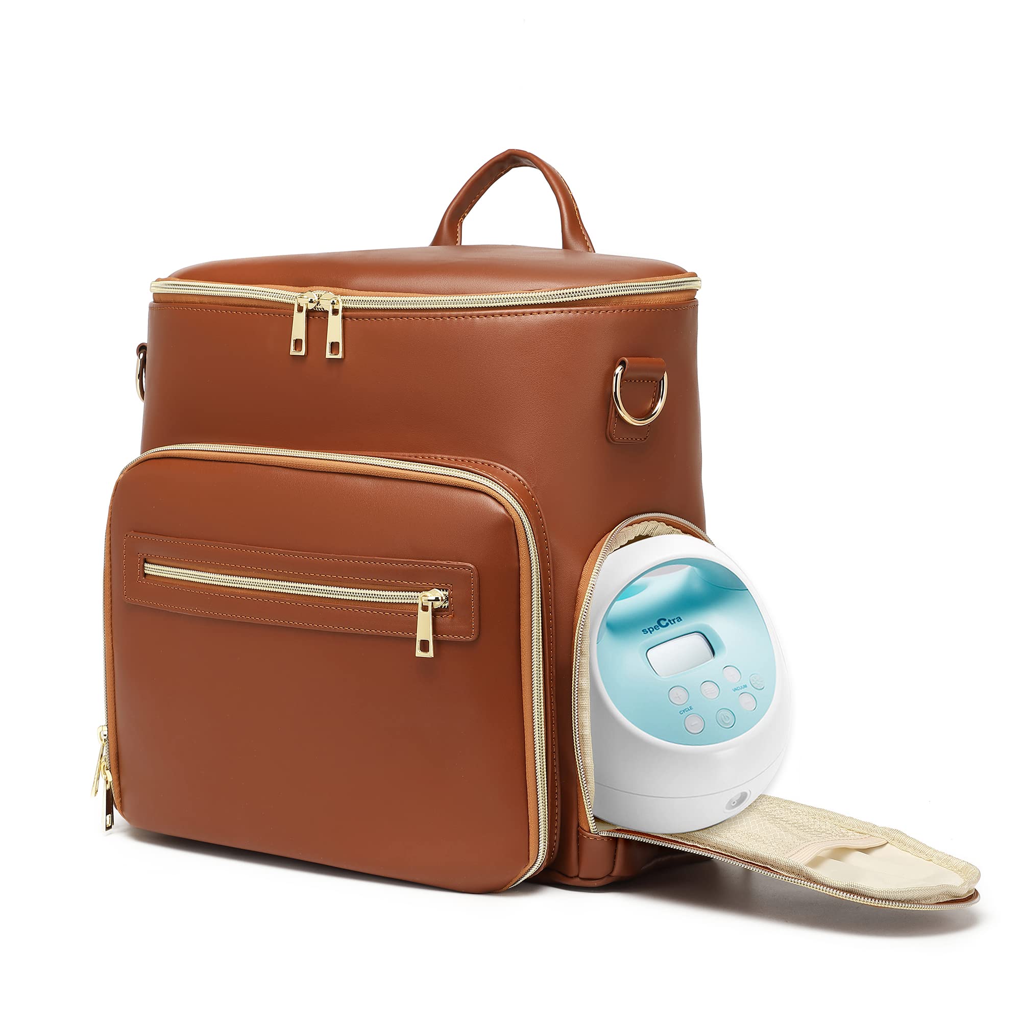 KINDDOG Breast Pump Bag, Diaper Tote Bag with Laptop Sleeve Fit Most Breast Pumps Like Medela, Spectra S1,S2, Evenflo (Brown)