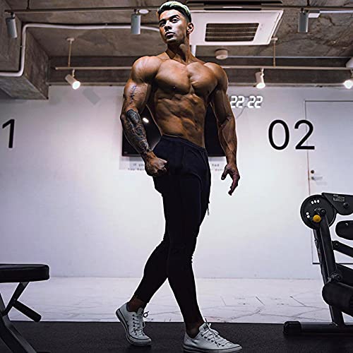 BUXKR Men's Slim Joggers Workout Pants for Gym Running and Bodybuilding Athletic Bottom Sweatpants with Deep Pockets,Light Grey,L