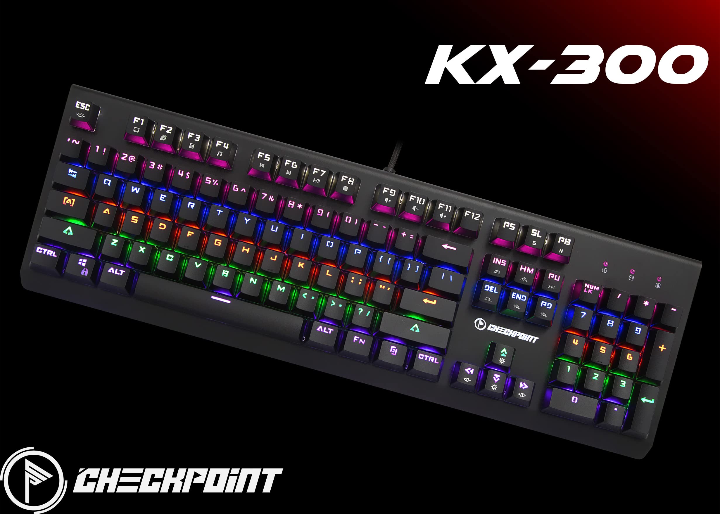 Check Point LED mechanical gaming keyboard for pc, clean and slick aluminum alloy design on The top cover, Rainbow LED lighting, Pluggable Switches, 50 million click lifespan