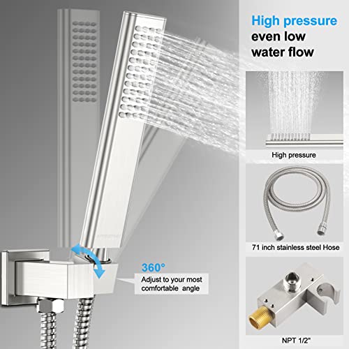 EMBATHER Shower System with Tub Spout,12 Inch All-Metal Tub Shower Faucet Combo Complete, Wall Mounted Rain Shower Head with Handheld Spray, Brushed Nickle (with Brass Valve and Trim kit)