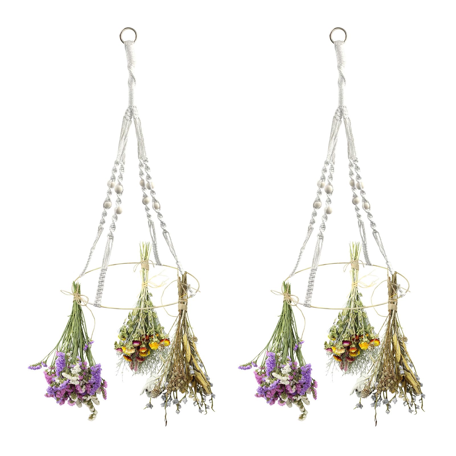 HFYZZ 2Pcs Herb Drying Rack,Boho Handcrafted Cotton Rope Woven Herb Drier with Wooden Balls,Herb Dryer,Herb Drying Rack, Hanging Herb Dryer Rack for Hydroponic Plants, Gold Color