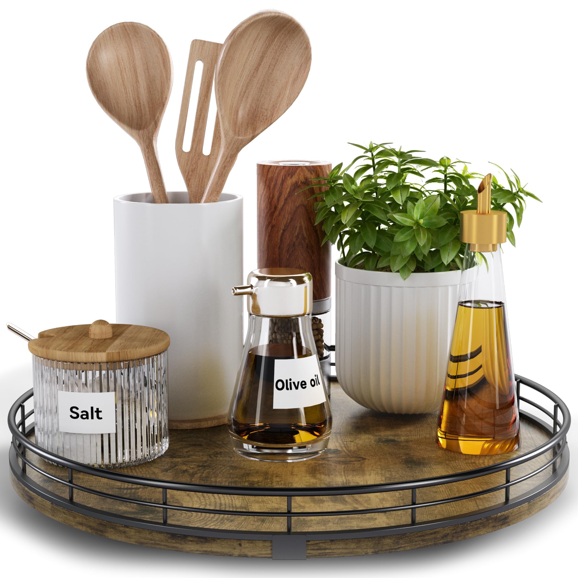 HGF Farmhouse 12" Lazy Susan Turntable Organizer for Table Top, Round Wooden Lazy Susan for Cabinet Kitchen Decor Centerpieces Coffee Table, Storage Condiments Spices, Bathroom Vanity Tray for Soap