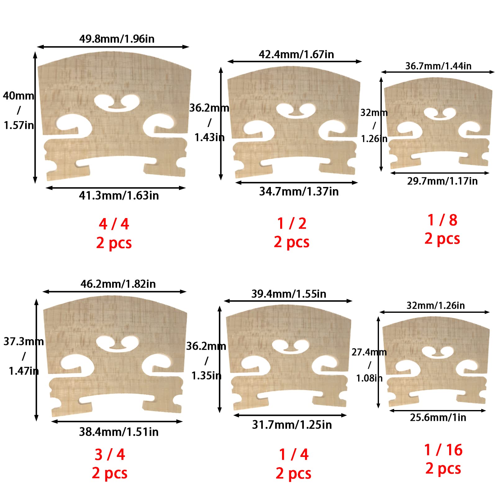 Cheerock 12Pcs Violin Bridge Set, 6 Size Maple Violin Bridge, Violin Bridge 4/4 3/4 1/2 1/4 1/8 1/16 Violin Parts And Accessories