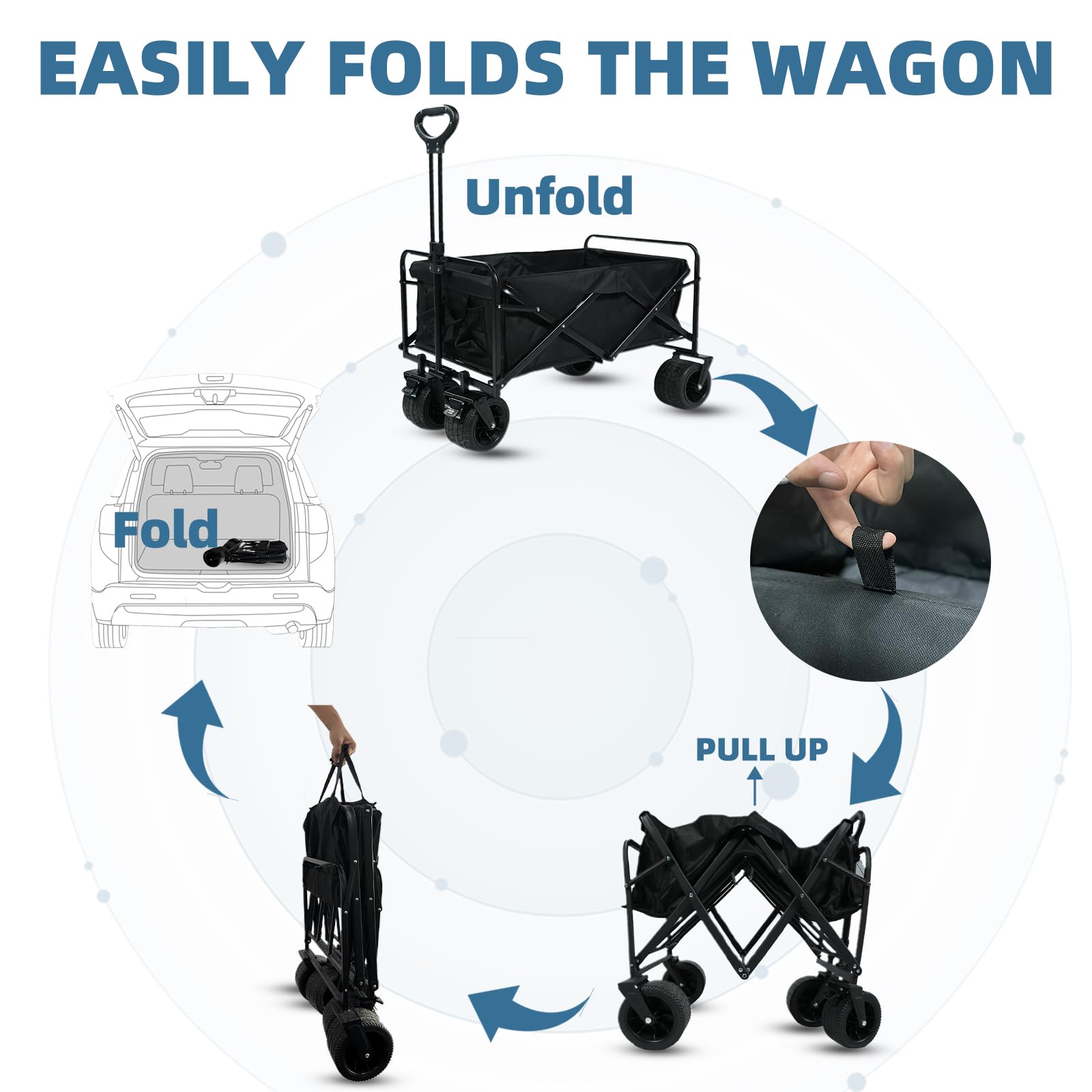 Collapsible Folding Beach Wagon Heavy Duty, 400LBS Capacity Foldable Wagon Carts with Big Wheels and Lock for All Terrain, Garden, Grocery, Outdoor, Camping