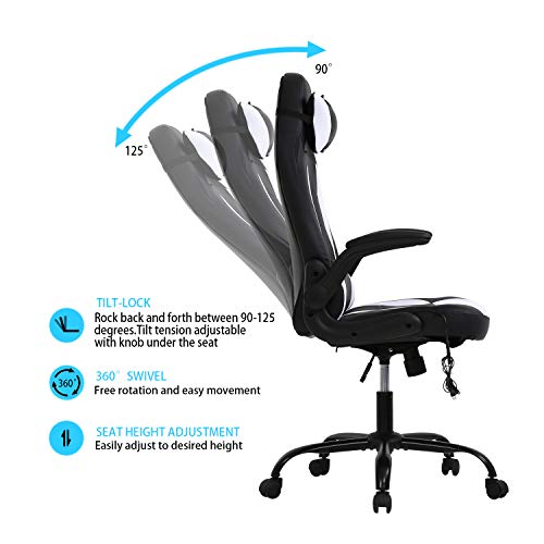 HCB Office Chair, Gaming Chair, Ergonomic Computer Desk Chair High Back Rolling Swivel Height Adjustable with Flip-Up Arms, Headrest and Lumbar Support, Massager, Leather (White)