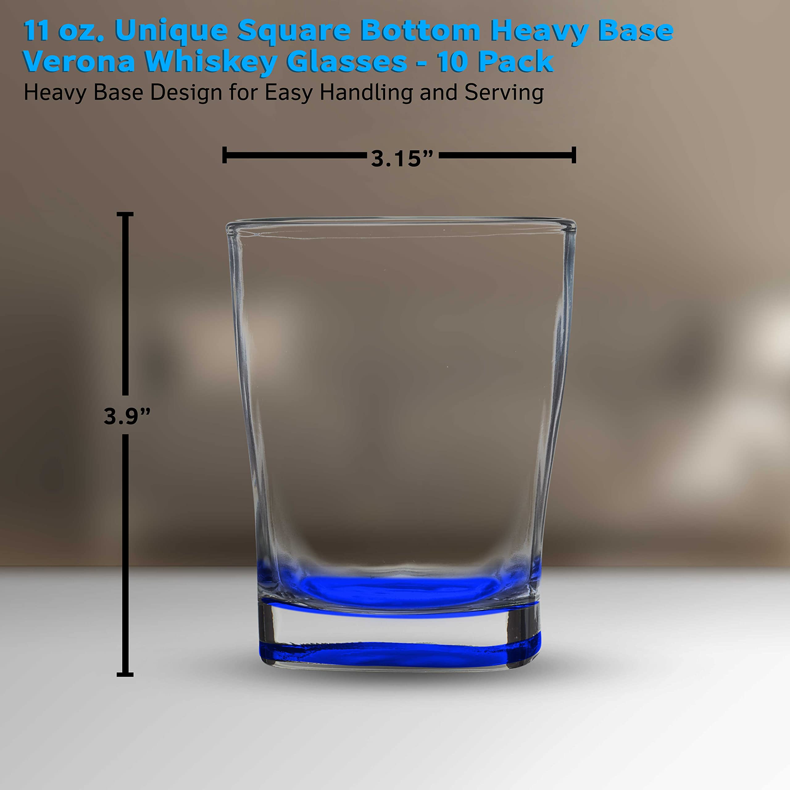 DISCOUNT PROMOS 10 Verona Whiskey Glasses Set, 11 oz. - Durable, Thick Base, Color Bottom, Barware - Blue