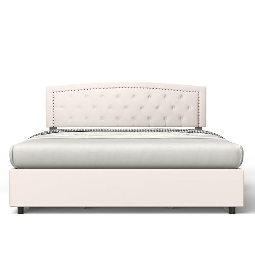 BONSOIR King Size Storage Bed Frame Upholstered Low Profile Traditional Platform with Tufted and Nail Headboard/No Box Spring Needed/4 Pull Out Drawers/ (Sand, King Size) (Cream, King Size)