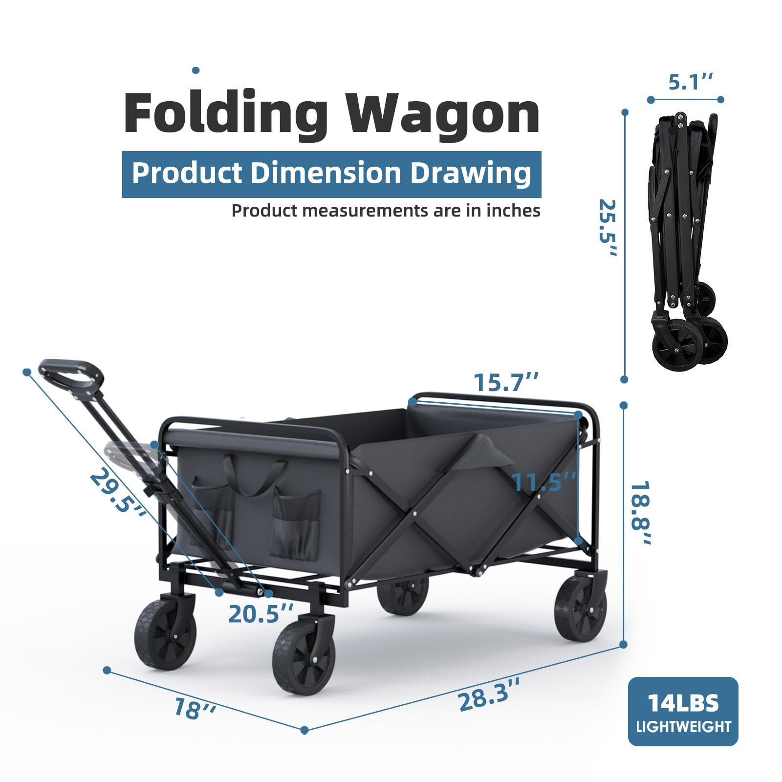 Collapsible Foldable Beach Wagon Carts with 360° Rotating Wheels for All Terrain, Utility Heavy Duty Folding Wagon with 300LBS Capacity for Grocery, Sand, Garden, Outdoor, Camping (Black)