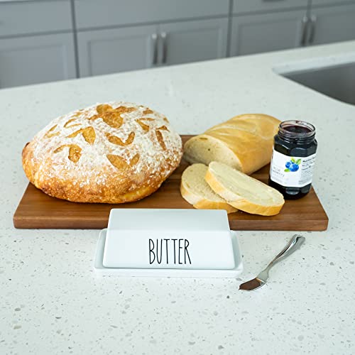 Heartland Home Porcelain Covered Butter Dish with Lid for Countertop (Without Handle). 7.6" x 3.8" Butter Holder Container for One Stick of Butter. Textured Tray Butter Keeper for Non Slip Storage
