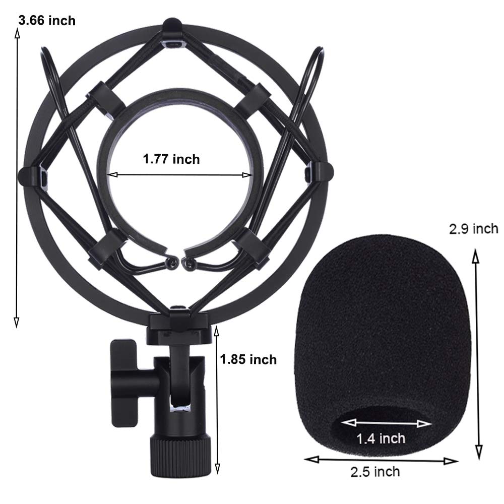 BTOOP Mic Large Foam Cover Microphone Windscreen with Shock Mount for AT2020,MXL,Condenser Microphone,Mic Anti-Vibration Suspension Shock Mount Holder Clip for Diameter1.8in-2.05in Microphone Black