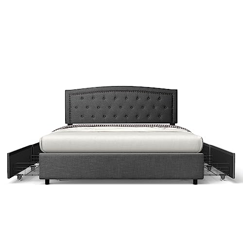 BONSOIR King Size Dark Grey Storage Bed Frame Upholstered Low Profile Traditional Platform with Tufted and Nail Headboard
