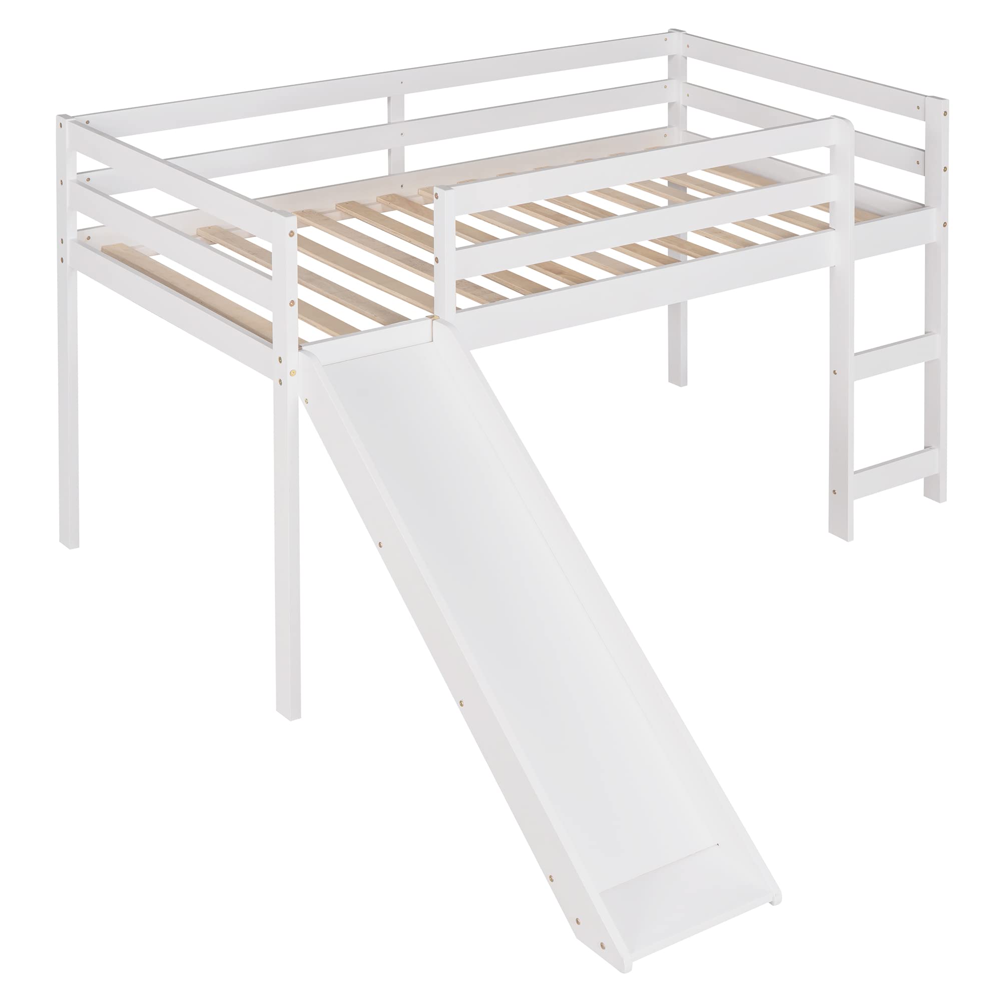 Harper & Bright Designs Kids Loft Bed with Slide,Twin Size Low Loft Beds for Girls Boys Solid Pine Wood Toddler Loft Bed with Ladder and Guard Rails,White
