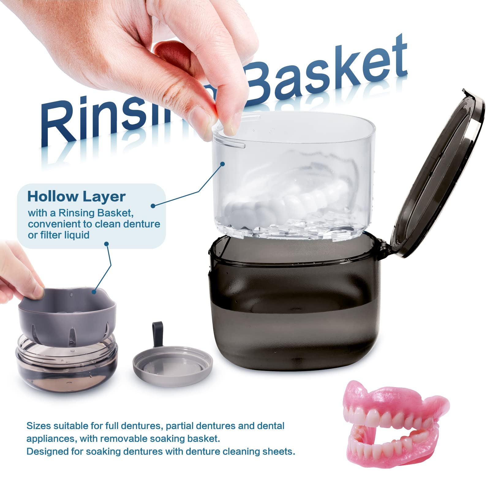 Denture Case Kit - 2 Pack - Definitely No-Leak Denture Bath Case for Home and Travel Kits Denture Cup with Strainer & Magnetic Mirror,Completely Clean Care for Retainer, Mouth Guard, & Denture (Blue)