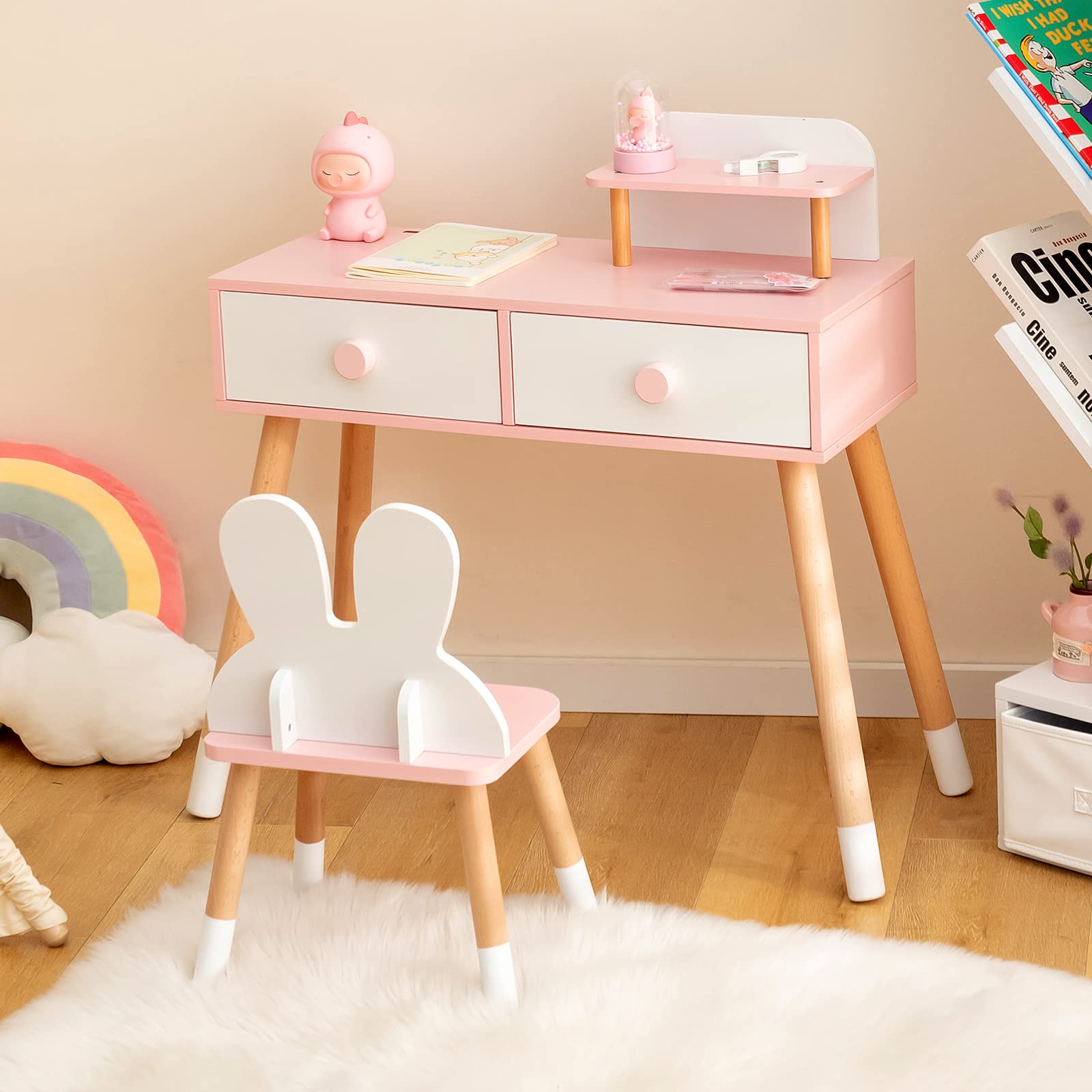 FIREFLOWERY Kids Vanity, Kids Vanity Table and Chair Set with Mirror & Storage Shelf, Princess Dressing Table, Toddler Makeup Vanity, Girls Vanity with 2 Large Drawers (White)