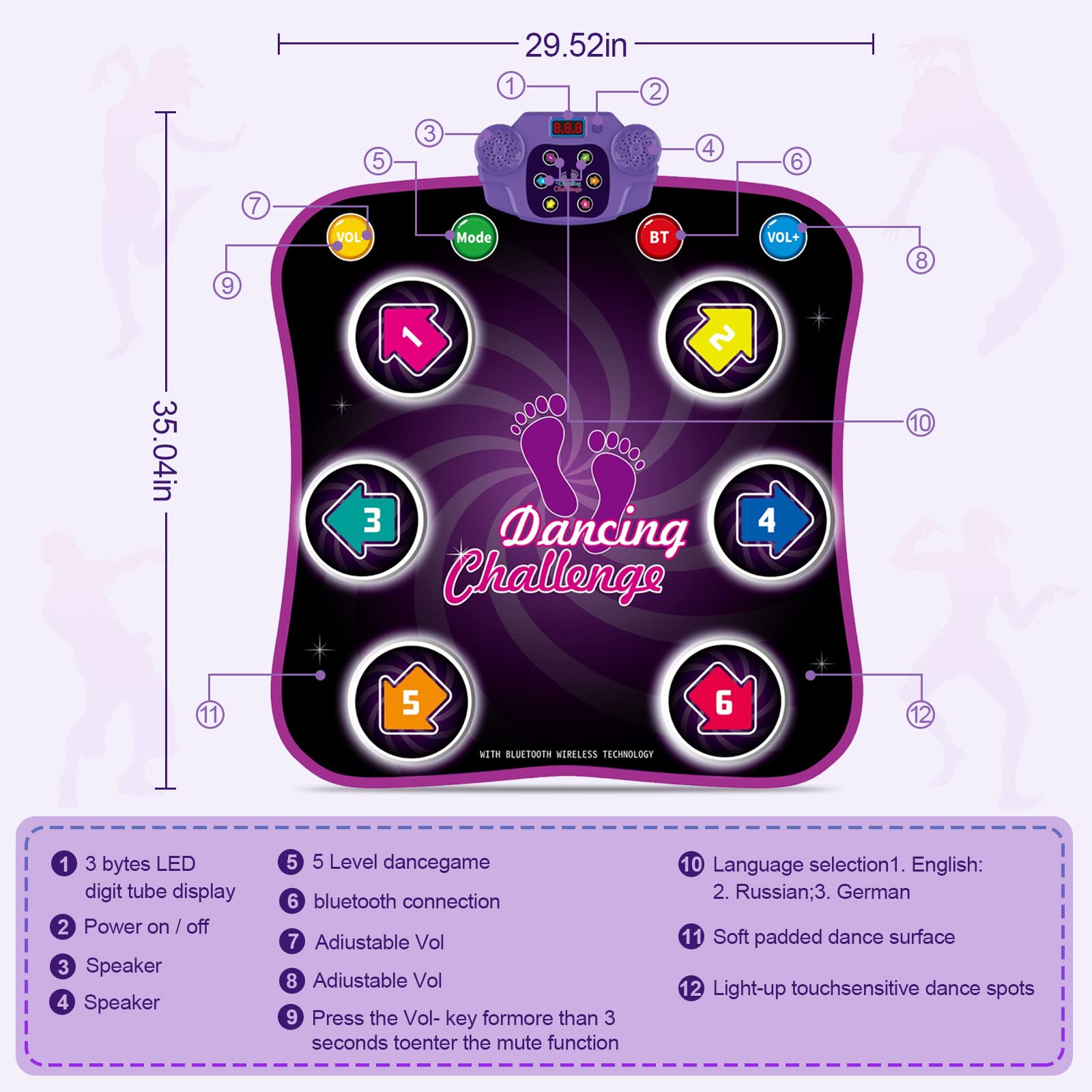 Dance Mat,Light Up Dance Mat for Kids,Dance Pad for Toddlers with Wireless Bluetooth and 5 Game Modes, Floor Dance Game Toy Birthday for Boys Girls Ages 3-12