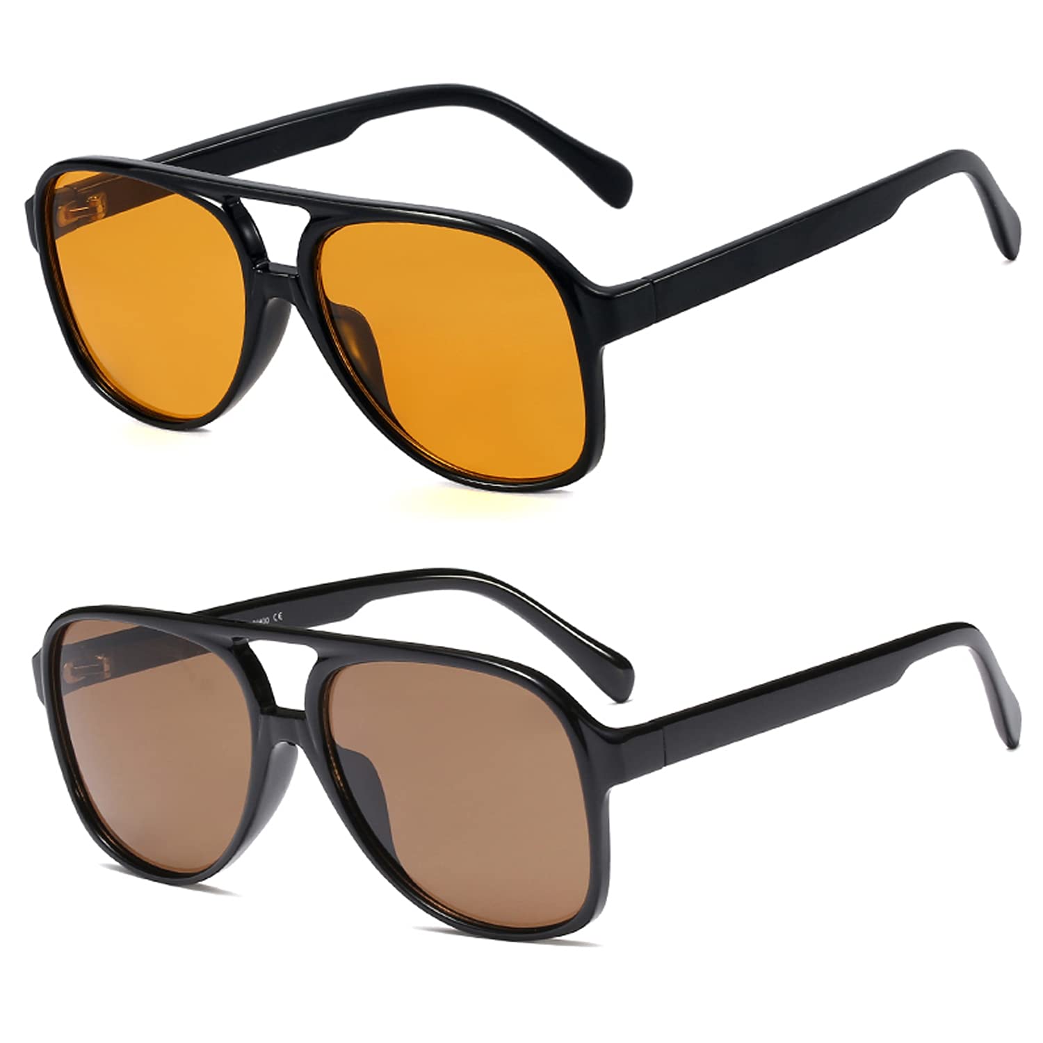 BUTABY Vintage Aviator Sunglasses for Women Men Retro 70s Glasses Classic Large Squared Frame UV400 Protection Black Yellow & Black Brown