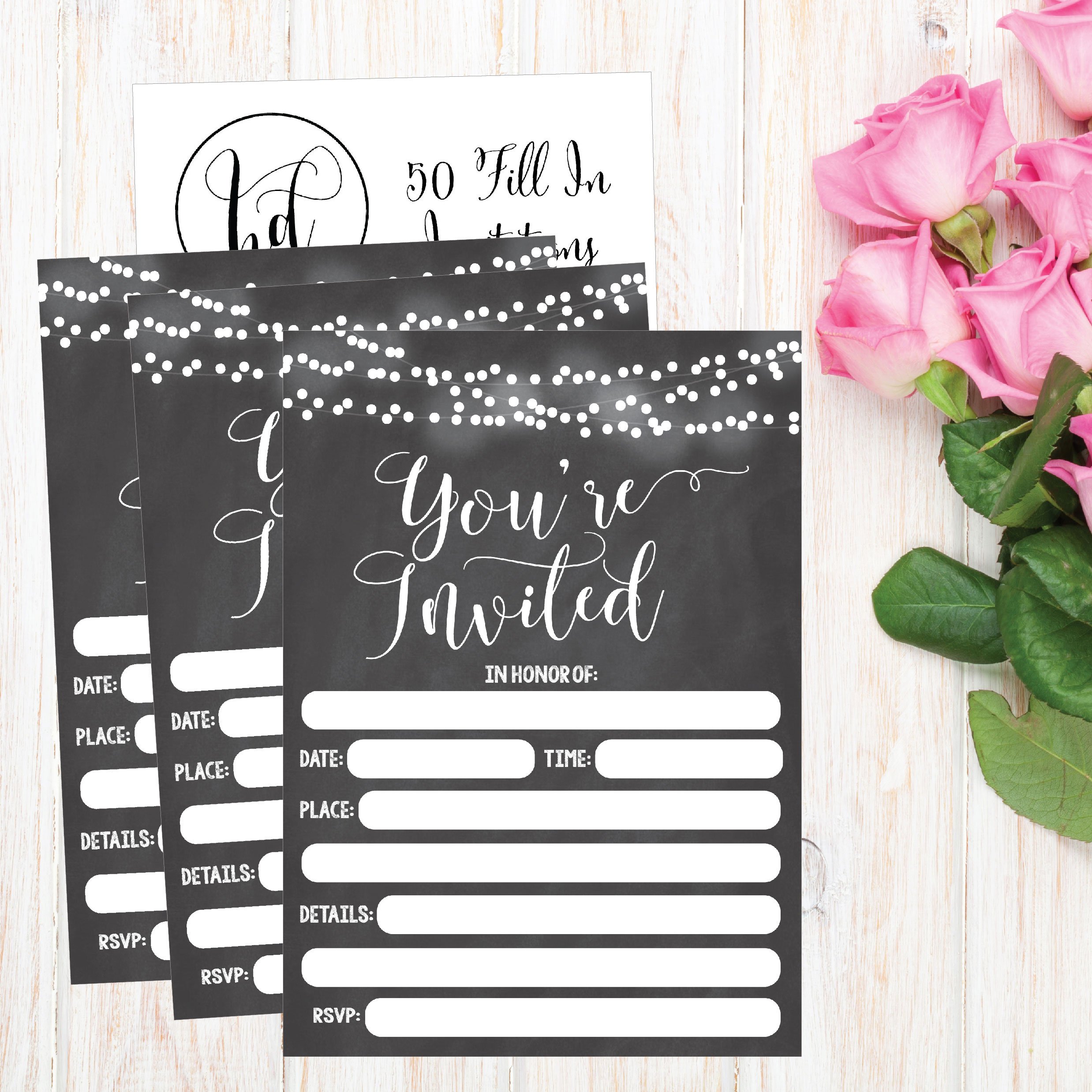 Hadley Designs 50 Rustic Invitations, Chalk Bridal or Baby Shower, Chalkboard Birthday, Wedding Rehearsal Invites, Engagement Bachelorette Reception Anniversary, Housewarming, Graduation, Sweet 16