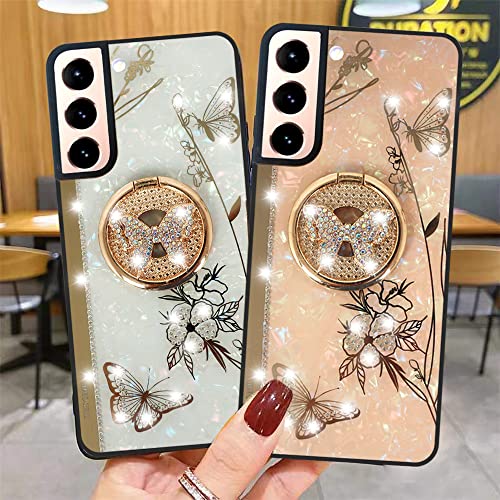for Samsung Galaxy S22 Case for Women with Ring Stand,Luxury Bling Diamond Pearl Hard Back Cute Butterfly Flower Design,Soft Rugged TPU Bumper Gold Plating Mirror Strip Phone Cover for S22 Pink