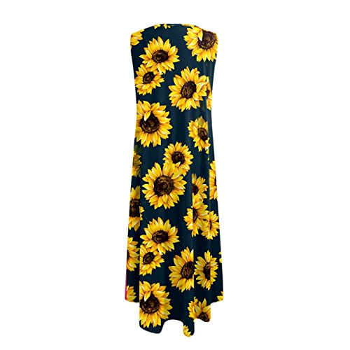 Bodycon Women Summer Spring Maxi Dress O Neck Sleeveless Split Long Boho Pockets Beach Tank Night Side Slit Yellow